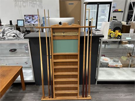 Urban Auctions - POOL CUE RACK, SCORE BOARD & BALL STORAGE WITH 4 POOL ...