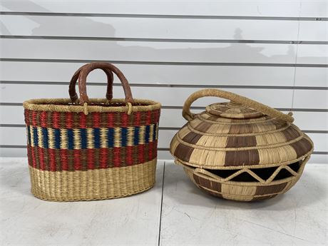 Urban Auctions - PAIR OF HAND WOVEN BASKETS - LARGEST - 15” ACROSS