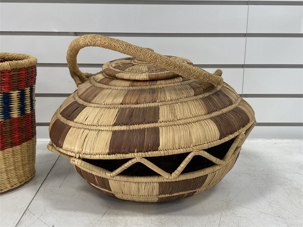 Urban Auctions - PAIR OF HAND WOVEN BASKETS - LARGEST - 15” ACROSS