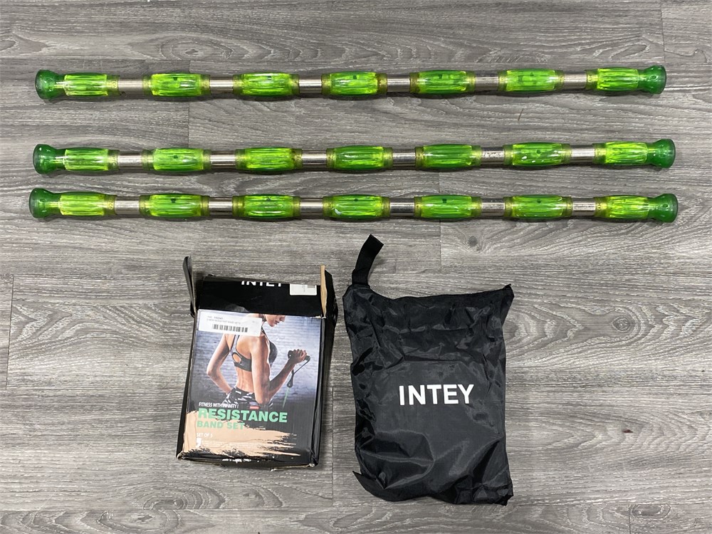 Urban Auctions - NEW INTEY RESISTANCE BANDS + 3 HAMPTON 10LB WEIGHT RODS