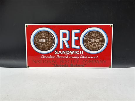 Urban Auctions - VINTAGE PORCELAIN ON STEEL OREO SANDWICH SIGN - 13” x 7”