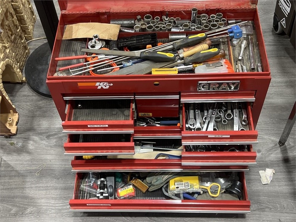Urban Auctions - RED GREY TOOL BOX FULL OF TOOLS