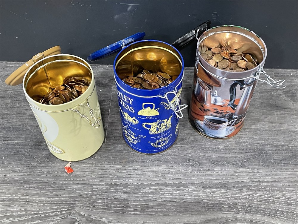 Urban Auctions - 3 CANISTERS FULL OF MISC VINTAGE PENNIES - 25.8LBS TOTAL
