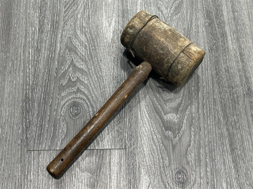 Urban Auctions - ANTIQUE PRIMITIVE HAND MADE WOODEN MALLET - 14”x6”