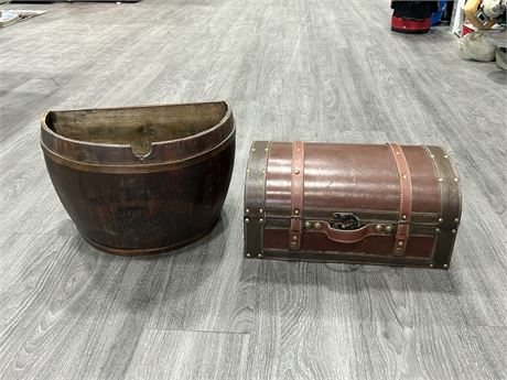 Urban Auctions - VINTAGE WOODEN TREASURE CHEST & HALF BARREL - BARREL ...