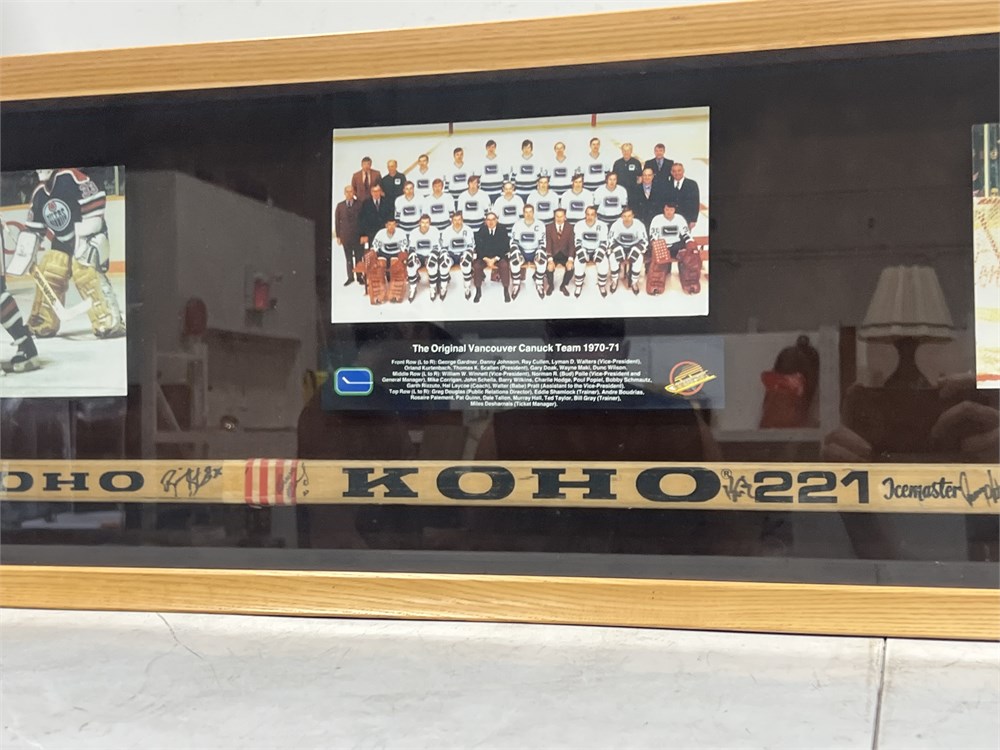 Urban Auctions - FRAMED AUTOGRAPHED HOCKEY STICK W/CANUCKS PICTURES ...