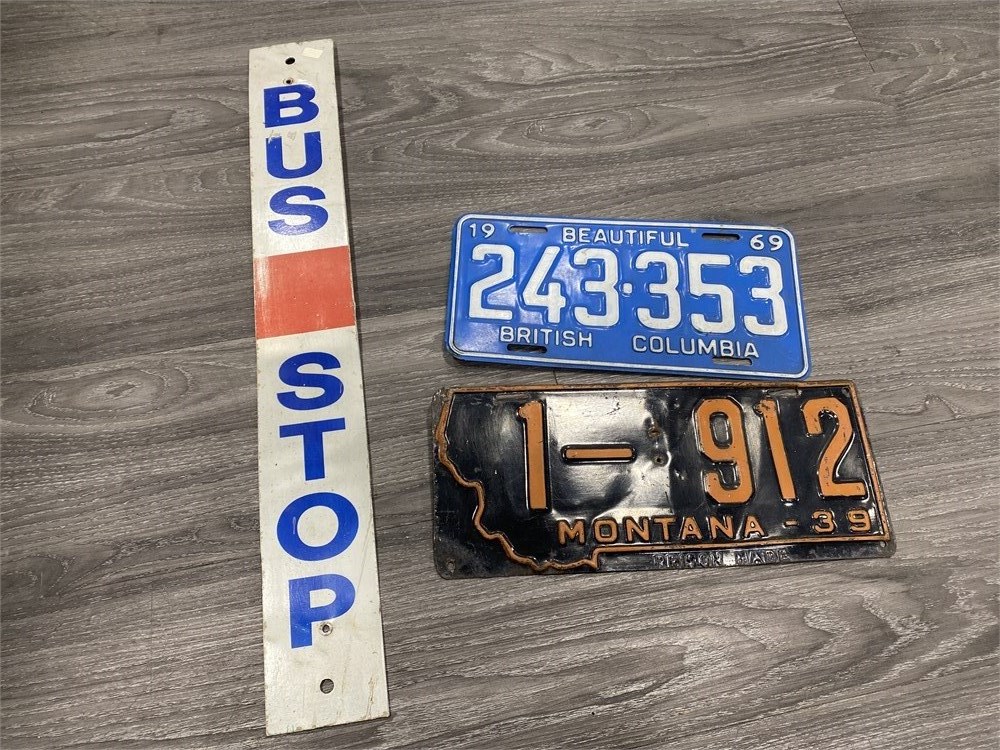 Urban Auctions - TWO LICENSE PLATES & METAL BUS STOP SIGN