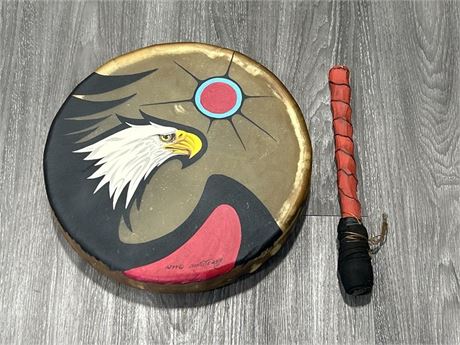 Urban Auctions - FIRST NATIONS CEREMONIAL DRUM SIGNED BAPTISTIE (15”) W ...