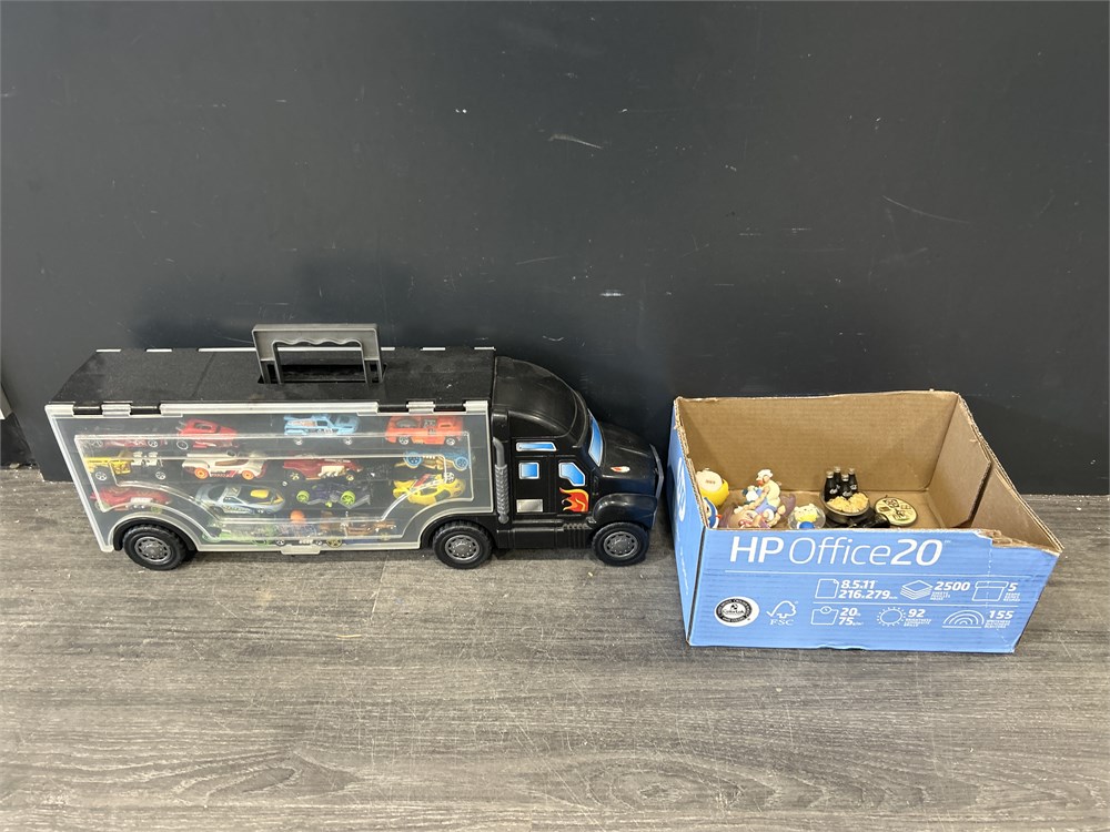 Urban Auctions - VINTAGE MINI CAR CARRIER TRUCK + SMALL COLLECTABLE FIGURES