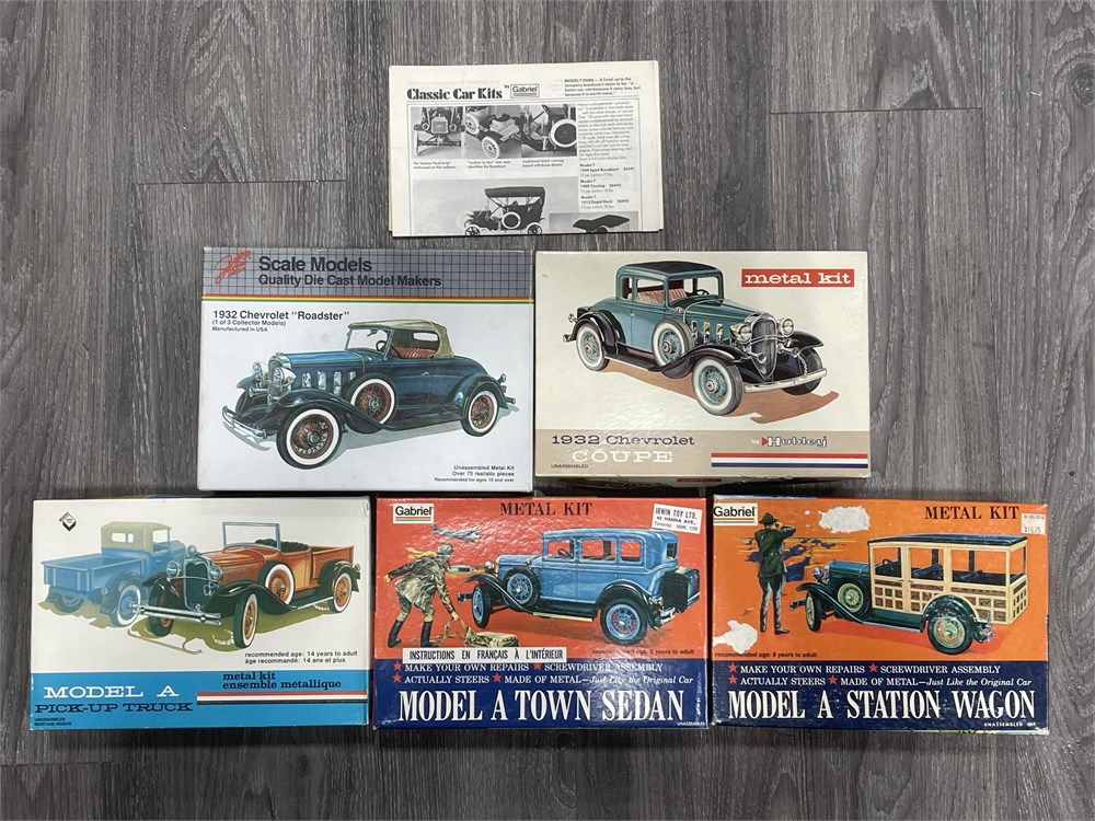 Urban Auctions - 5 NIB VINTAGE METAL MODEL KITS - MODEL A, 1932 CHEVROLET