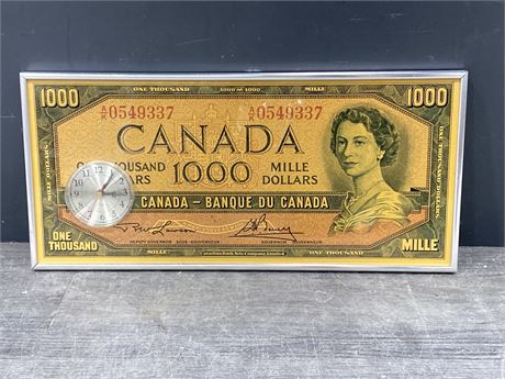 Urban Auctions - FRAMED CANADIAN $1000 BILL WALL CLOCK - WORKS (21"X10")